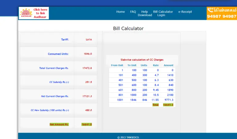 TNEB Electricity Bill Calculator, Per Unit Rate 2024-25